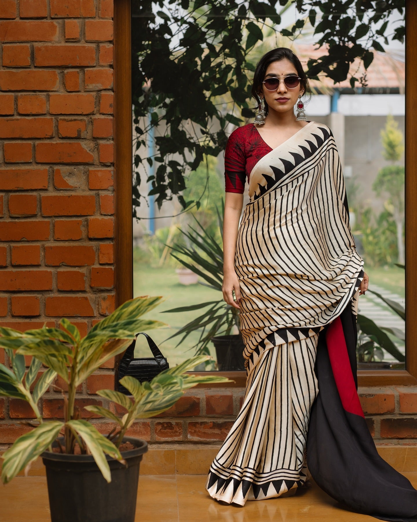 Elegant Beige Satin Saree with Black Line And Red Bindi Design & Black ...